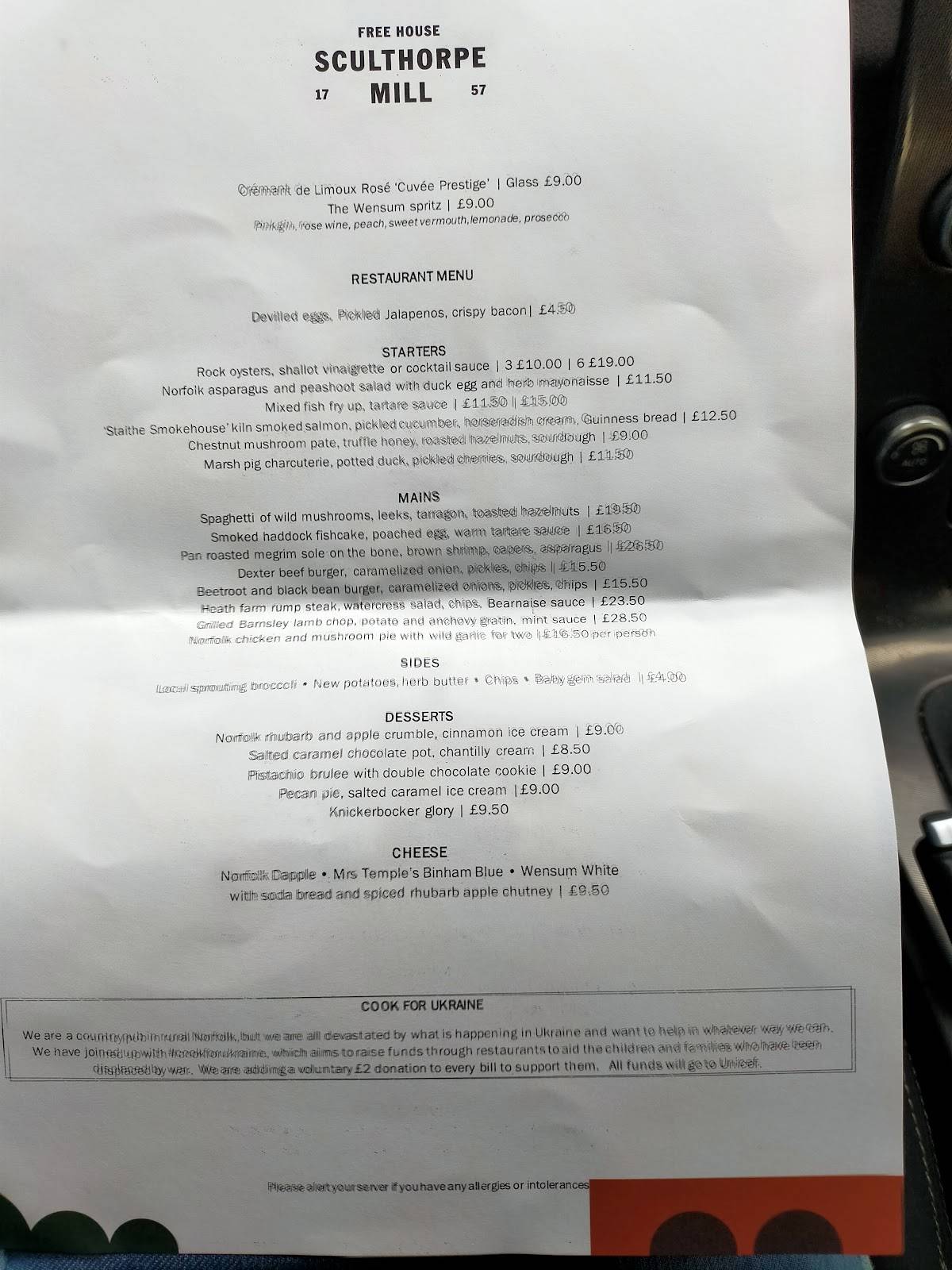 Menu at Sculthorpe Mill restaurant, Fakenham
