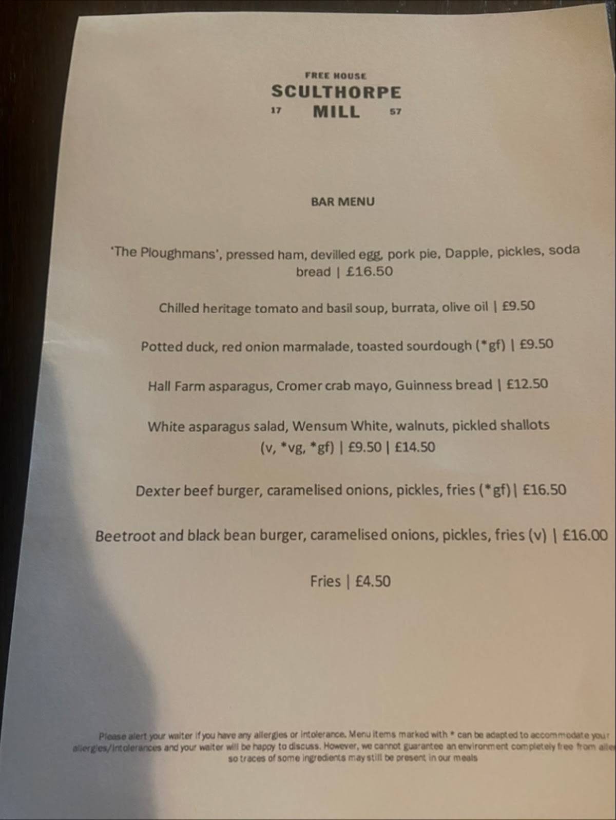 Menu at Sculthorpe Mill restaurant, Fakenham