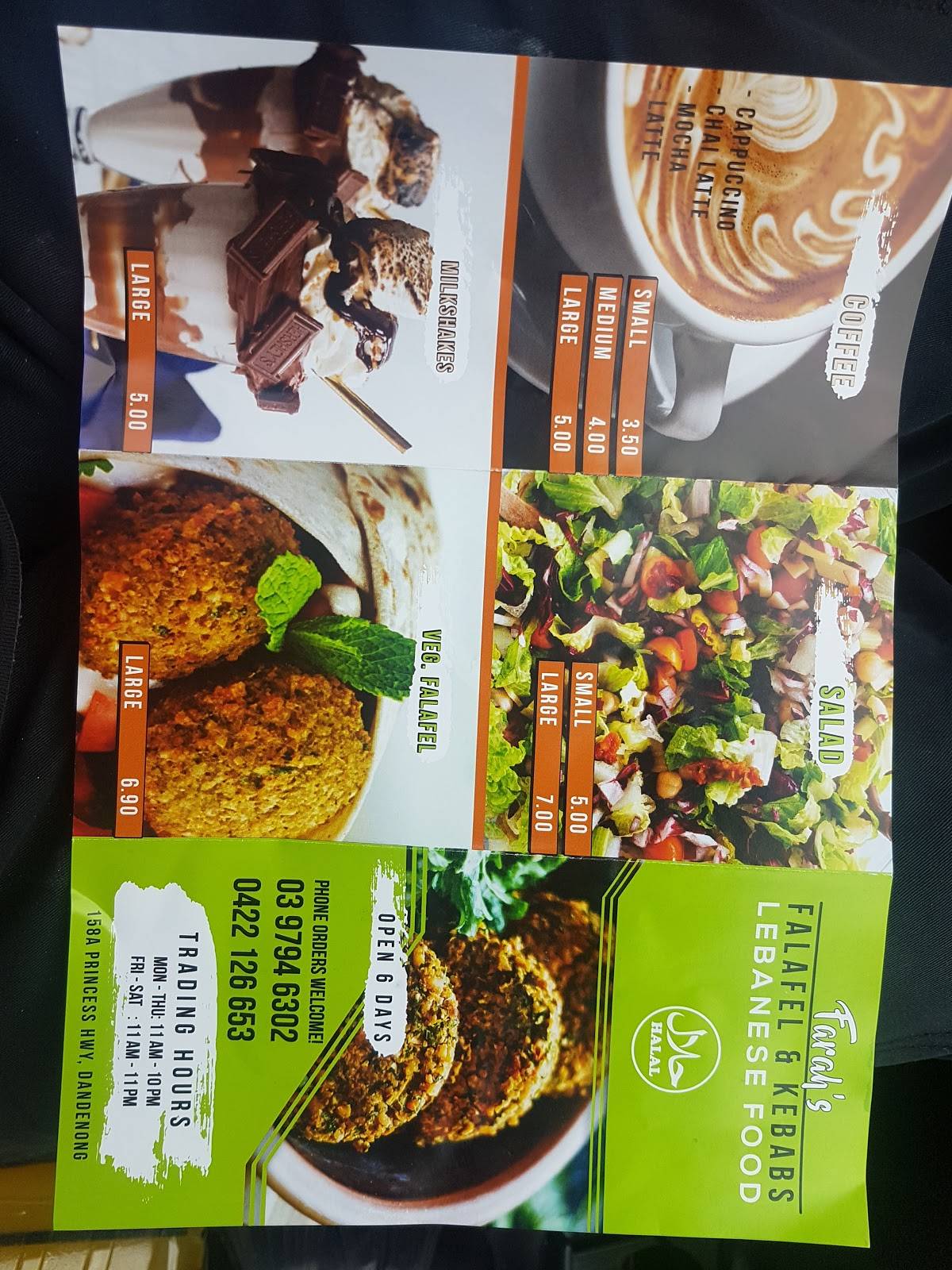 Menu at Farah's Falafel & Kebab fast food, Dandenong