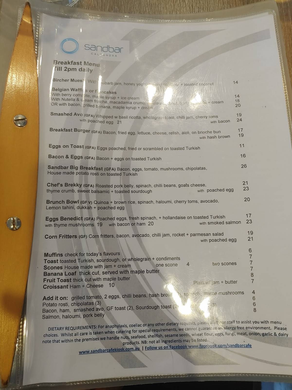 Menu at Sandbar Cafe Caloundra, Caloundra