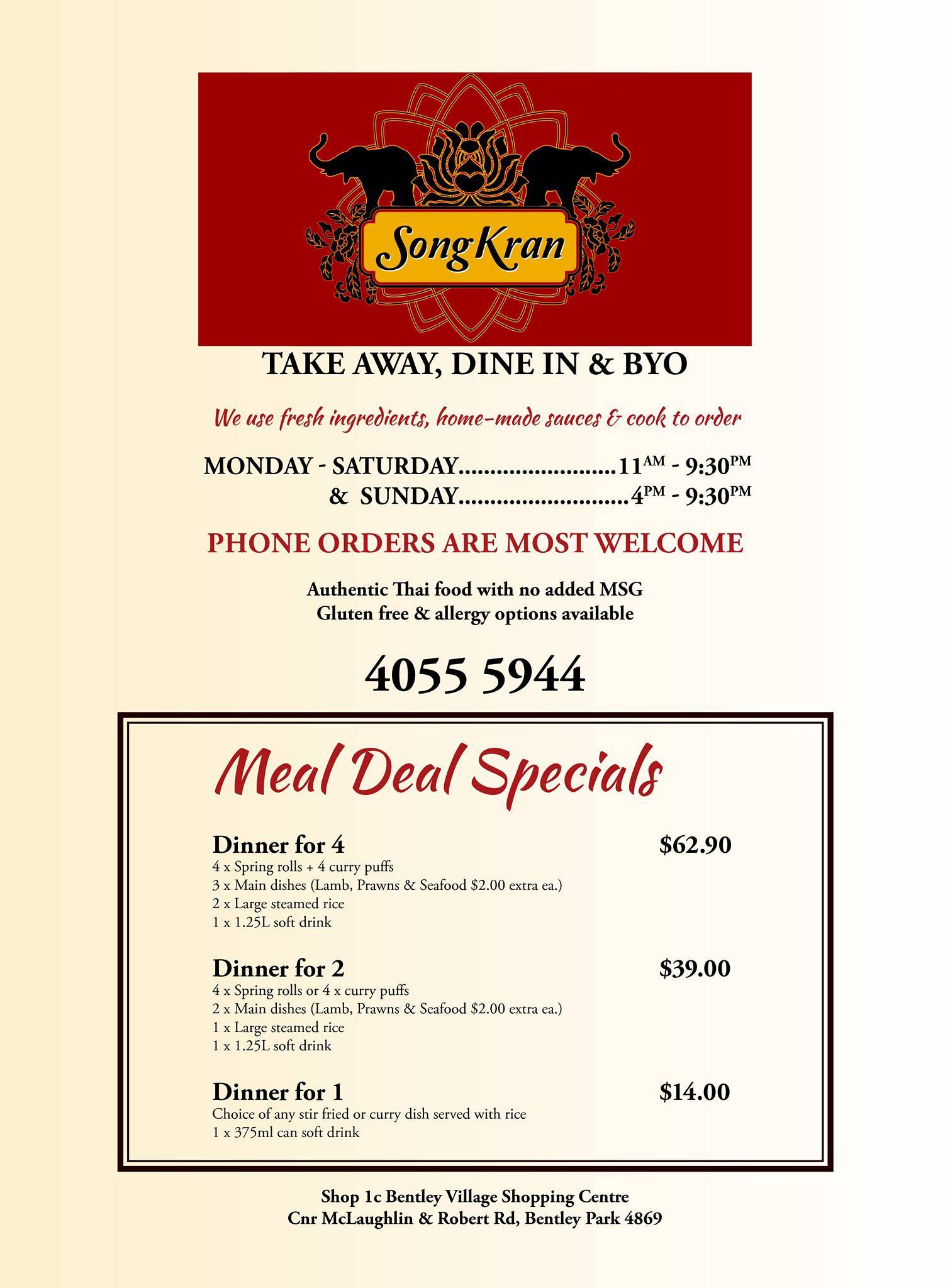 Menu at Songkran Thai Restaurant, Bentley Park
