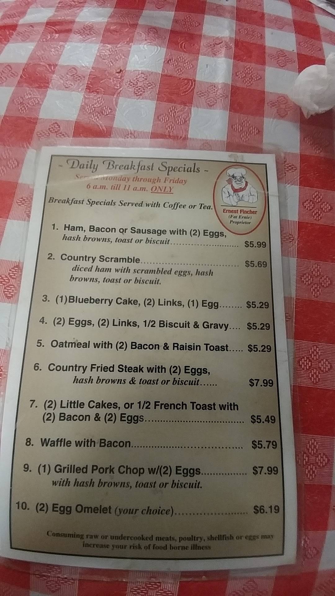 Menu at Fat Ernie's Family Dining restaurant, Wichita