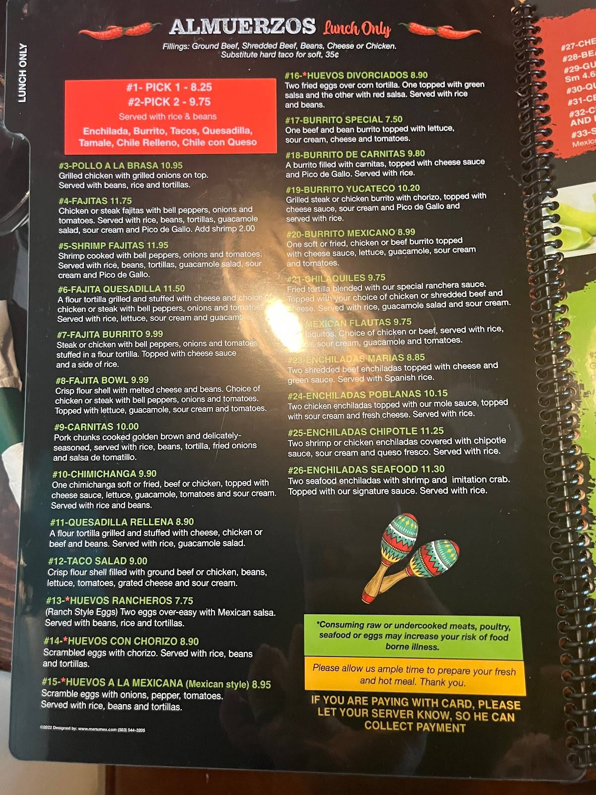Menu at Fiesta maya Mexican grill restaurant, Chambersburg