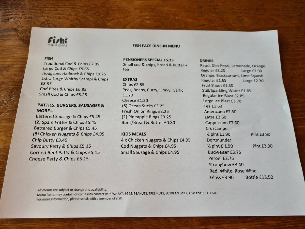 Menu at Fish Face fast food, Hartlepool, Cleveland