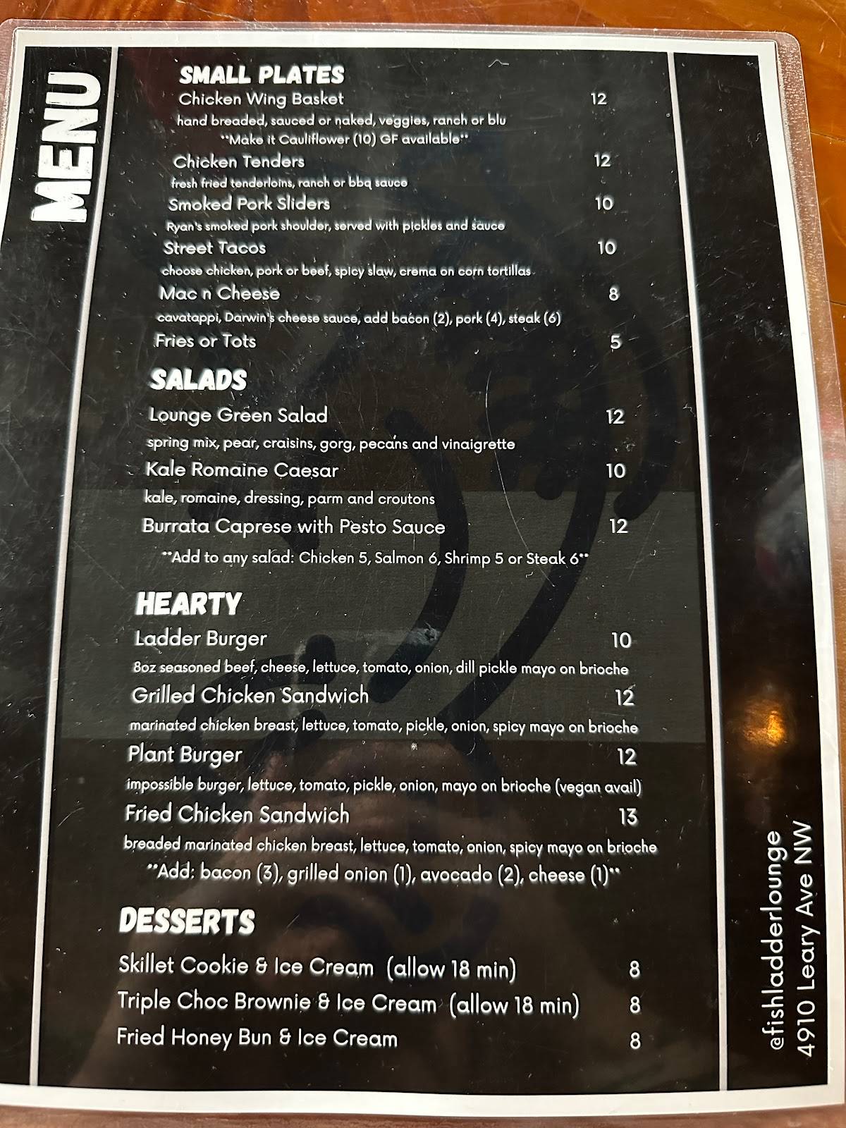 Menu at Fish Ladder Lounge pub & bar, Seattle