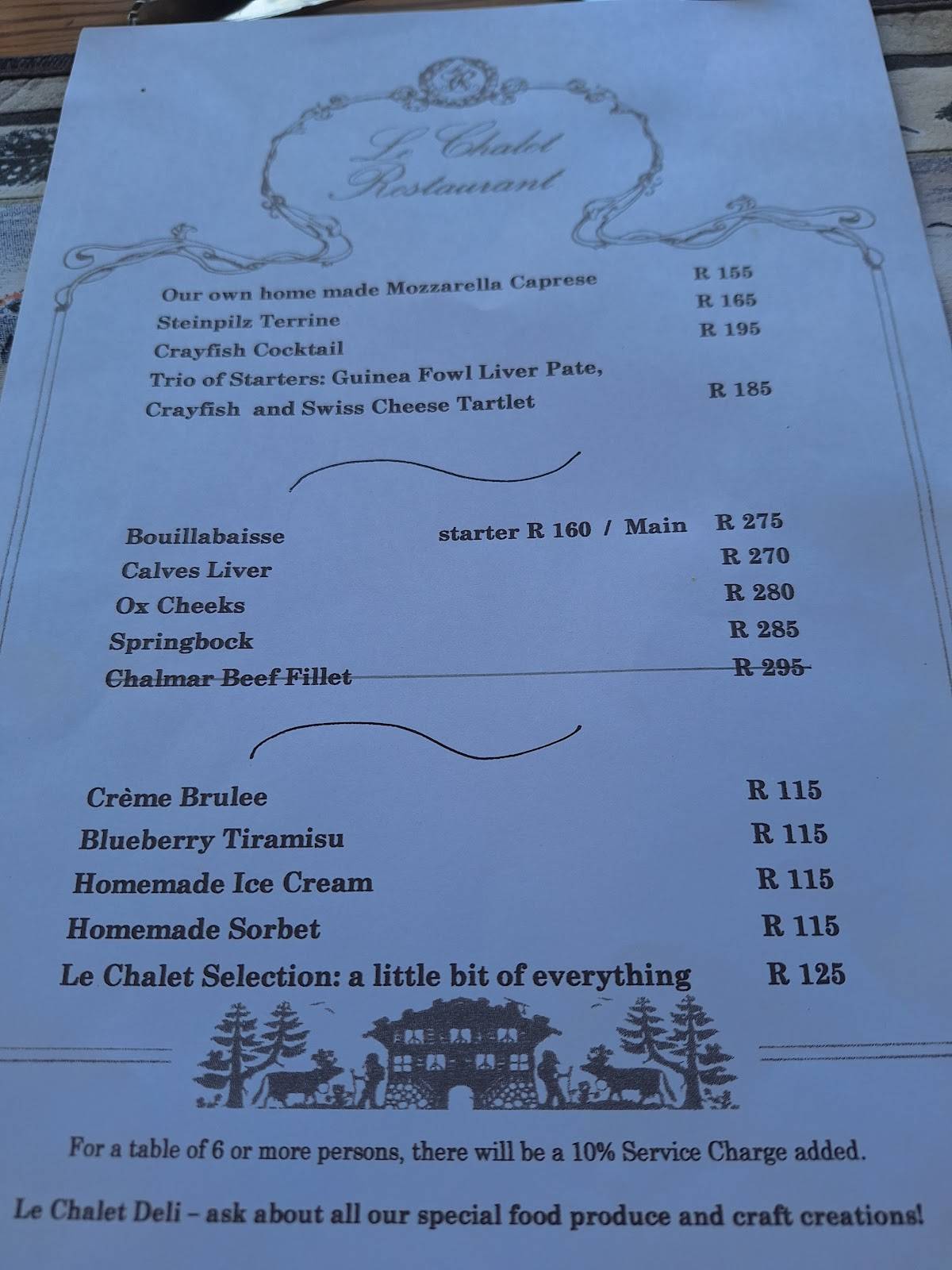 Menu at Le Chalet restaurant, Fisherhaven
