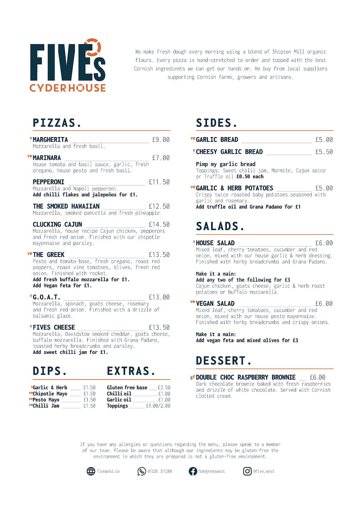 Menu at Fives Cyderhouse restaurant, Falmouth