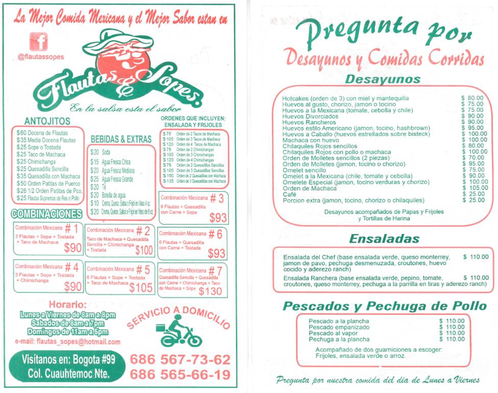 Carta del restaurante Flautas y sopes-En la salsa está el sabor., Mexicali