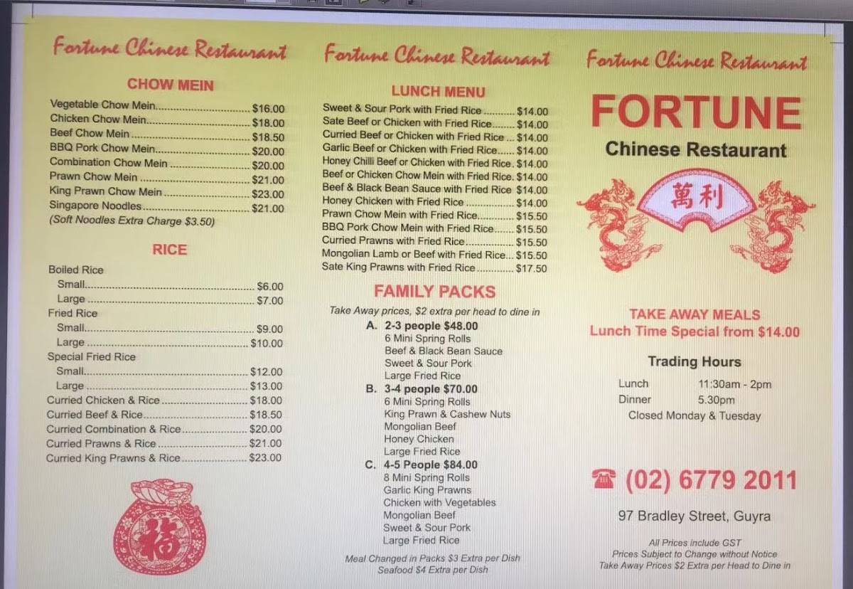 Menu at Fortune Chinese Restaurant, Guyra