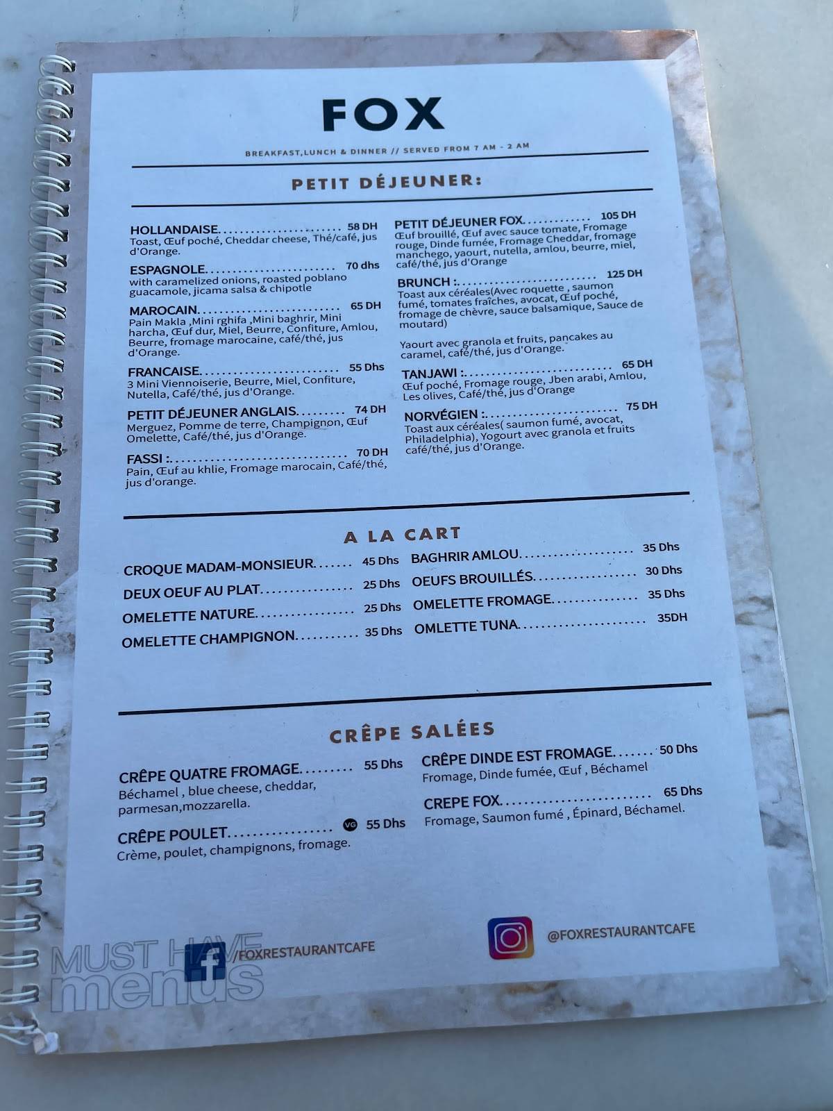 Menu au Mr. Fox restaurant, Tanger