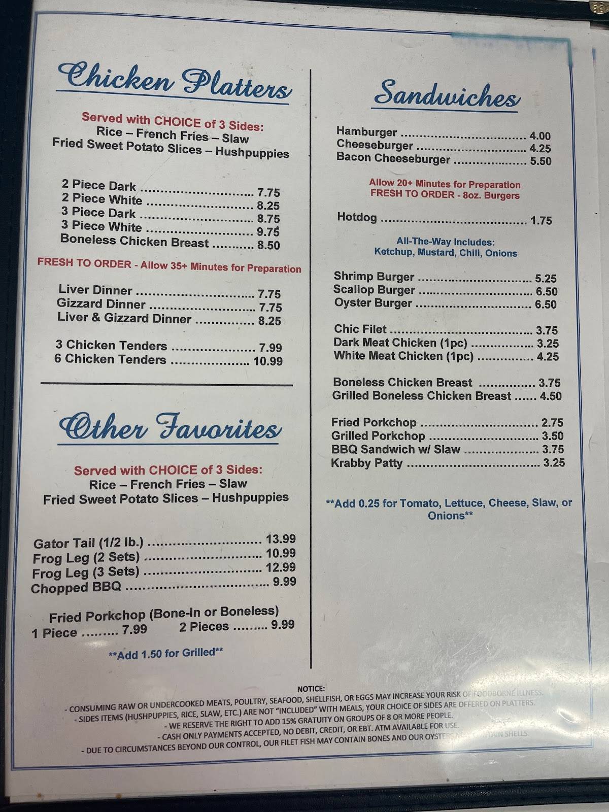 Menu at Friendly Seafood restaurant, Tabor City