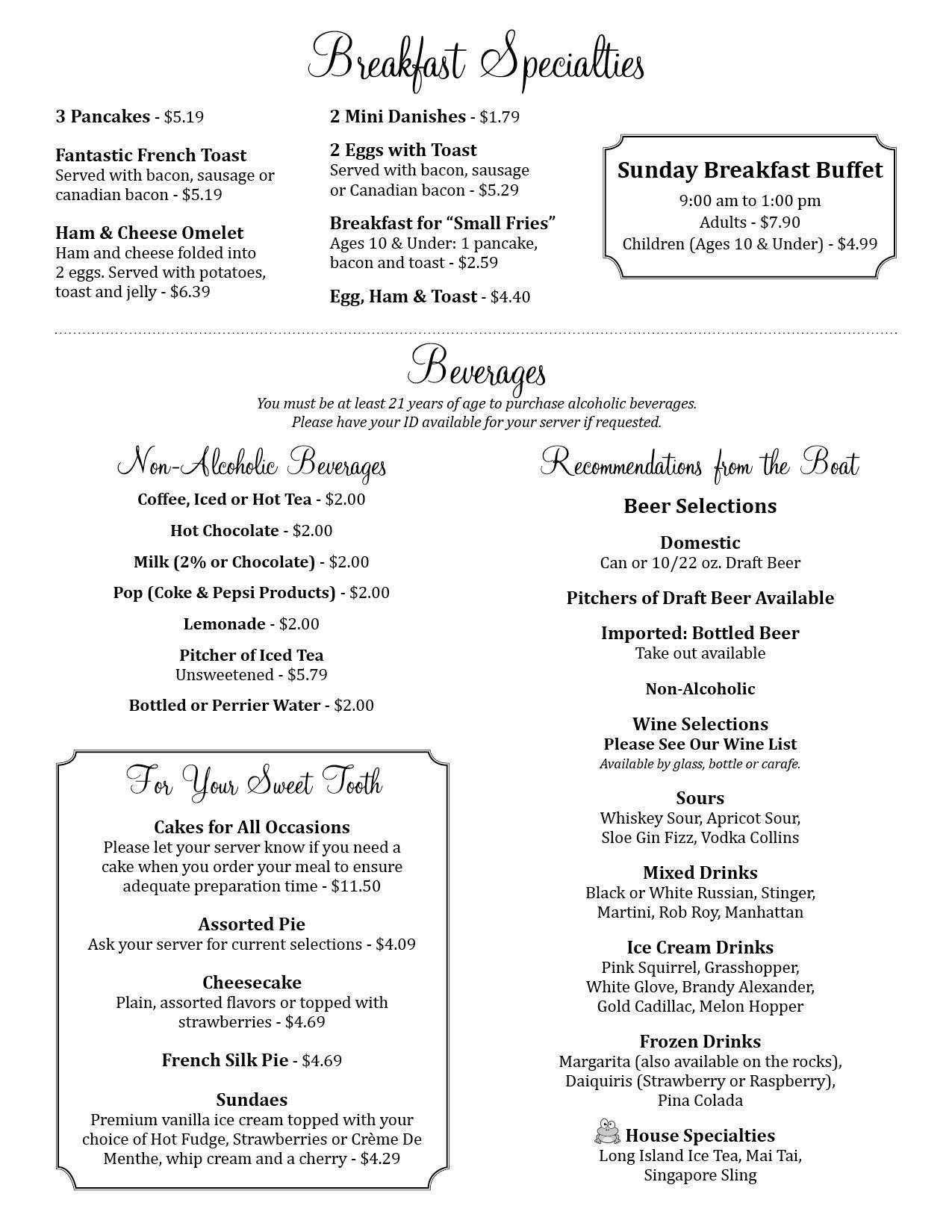 Menu at Frog Pond Restaurant, Canadohta Lake, Circuit Dr