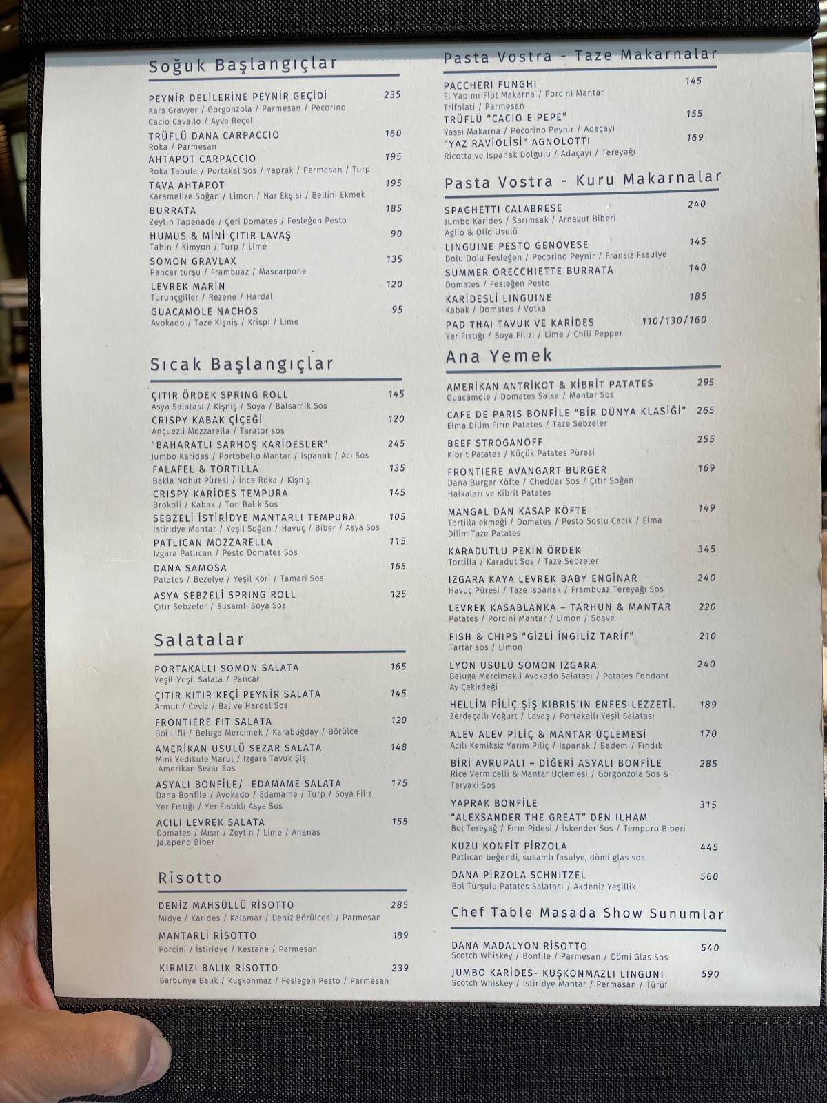 Menu at Frontiere İstanbul, Istanbul