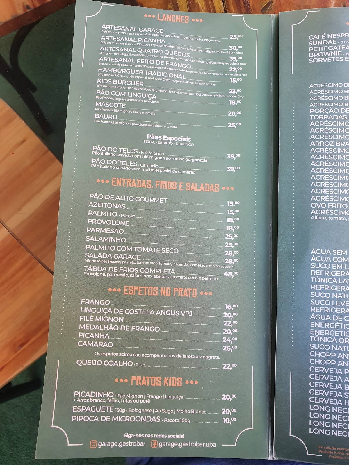 Menu em Garage Gastrobar, Ubá