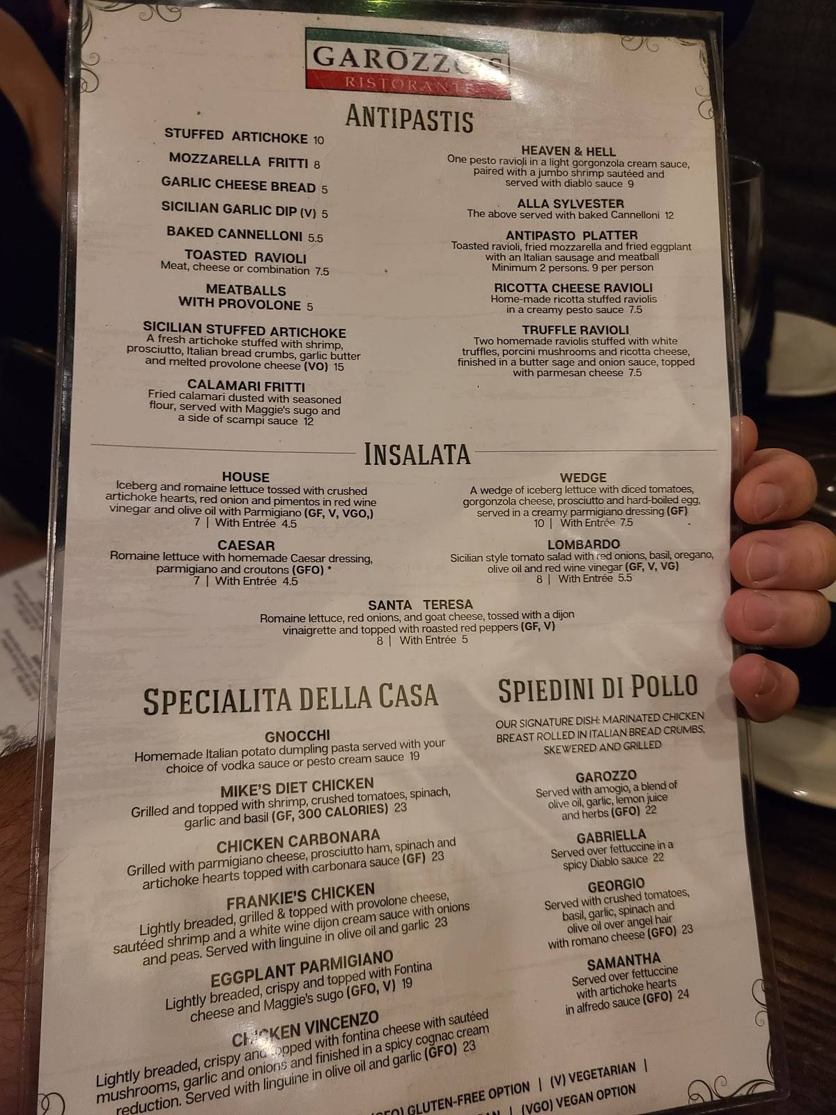 Menu at Garozzo's Downtown restaurant, Kansas City