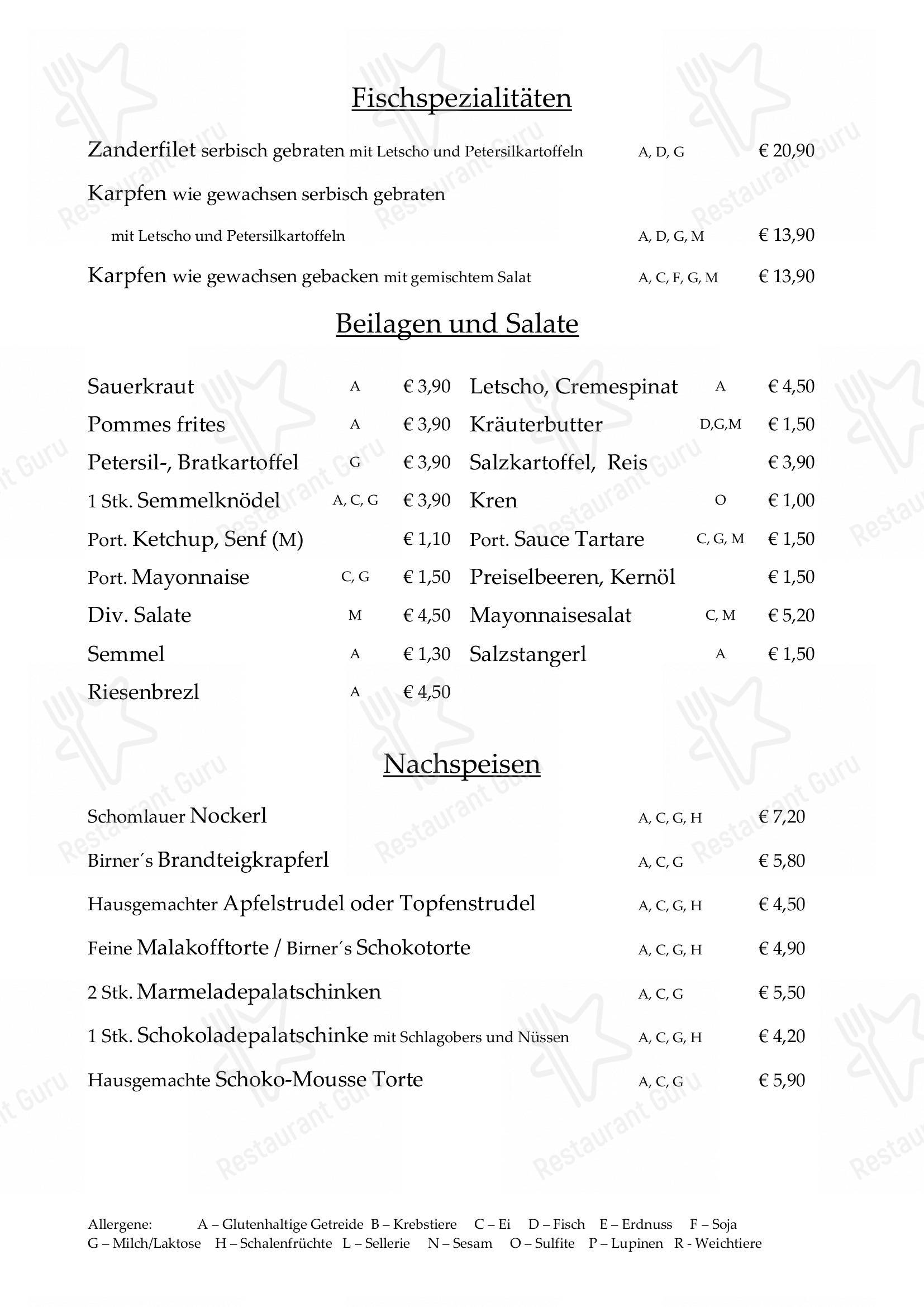 Menu at Gasthaus Birner restaurant, Vienna, An der Oberen Alten Donau 47