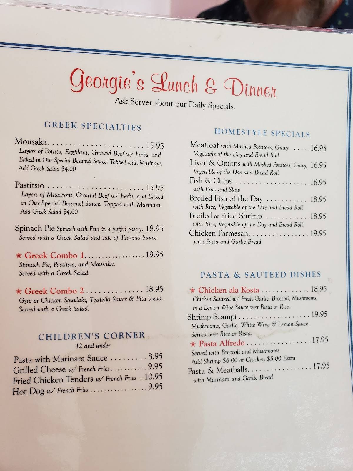 Menu at Georgie's Diner restaurant, St. Augustine