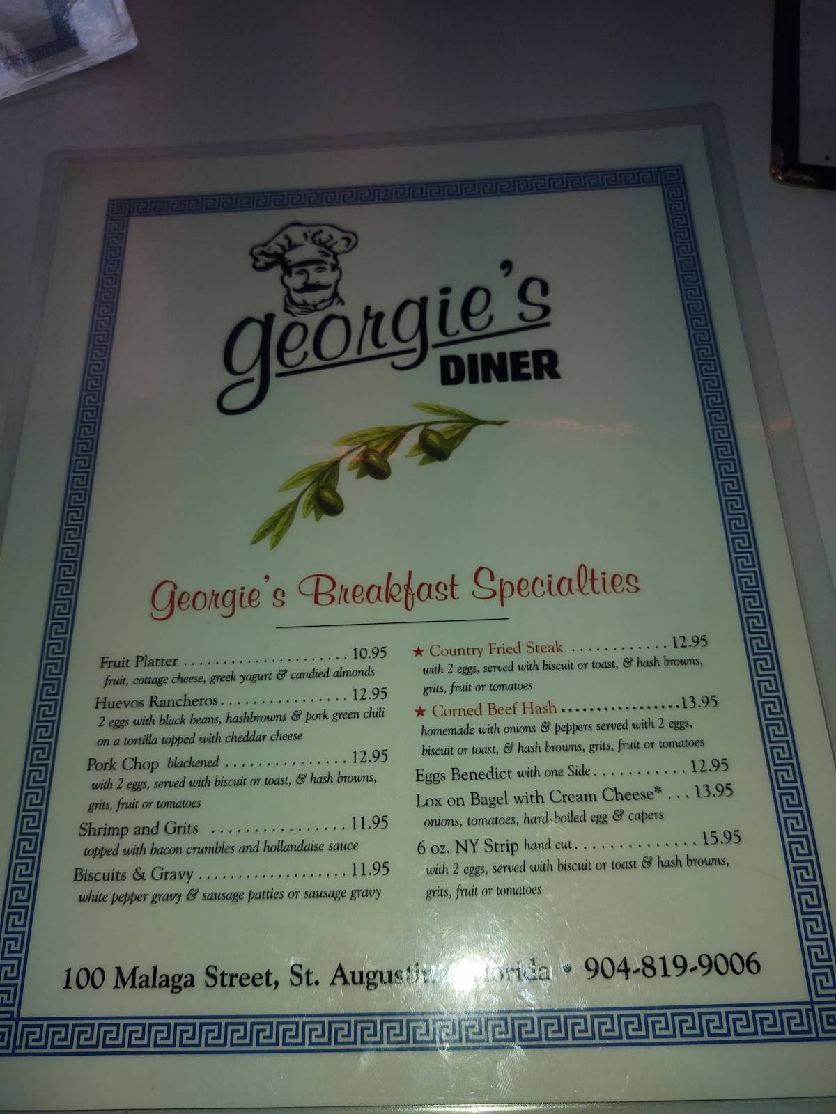 Menu at Georgie's Diner restaurant, St. Augustine