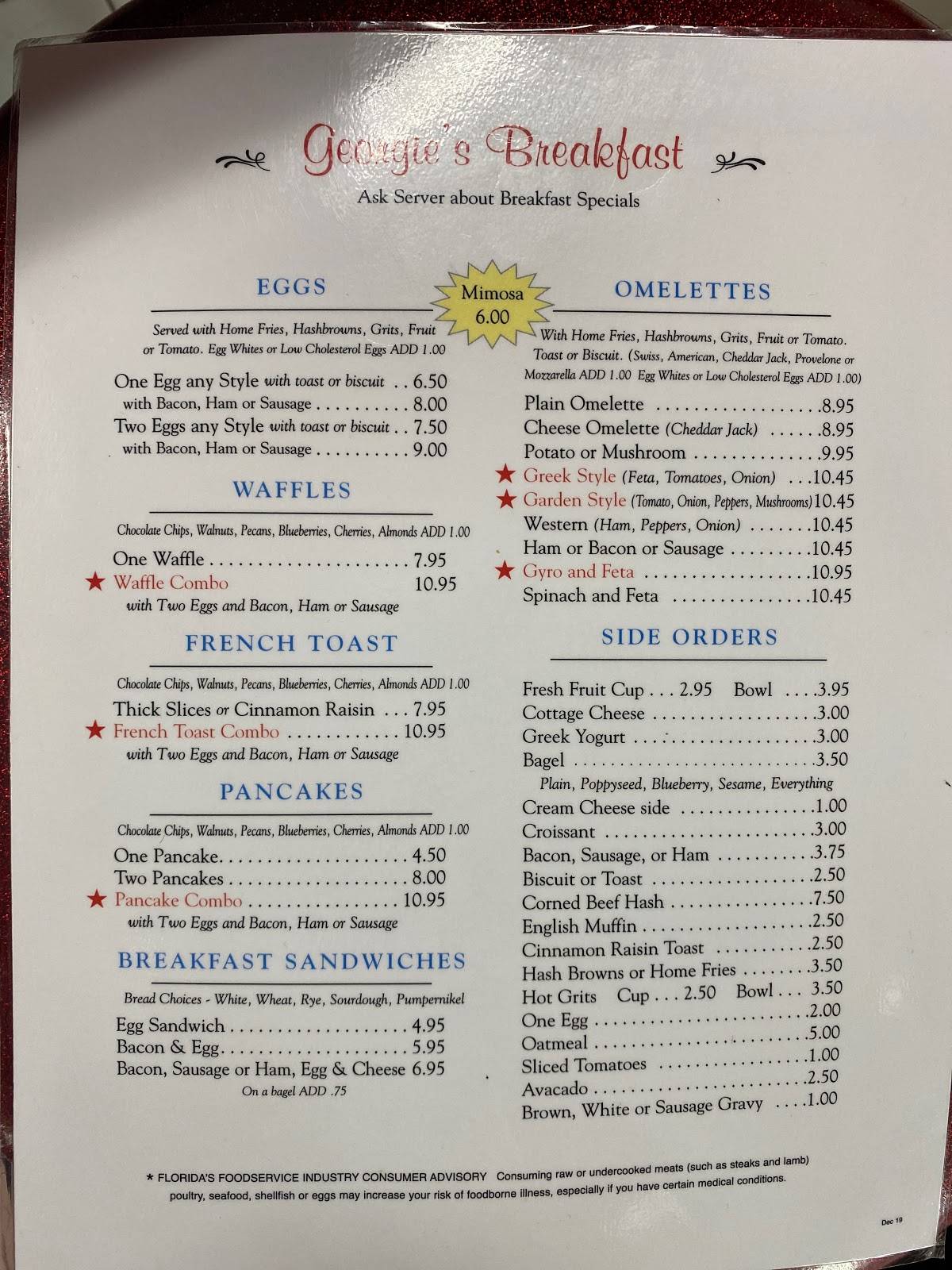 Menu at Georgie's Diner restaurant, St. Augustine
