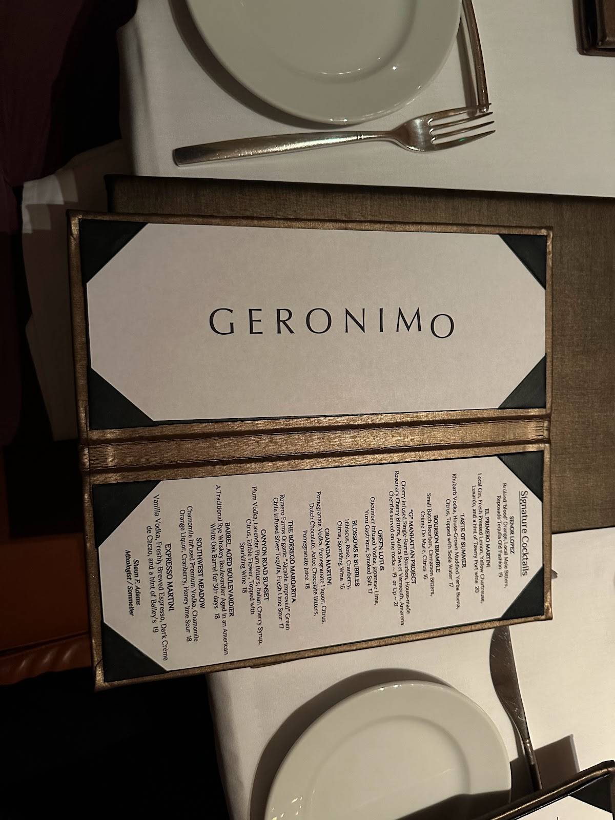 Menu at Geronimo restaurant, Santa Fe