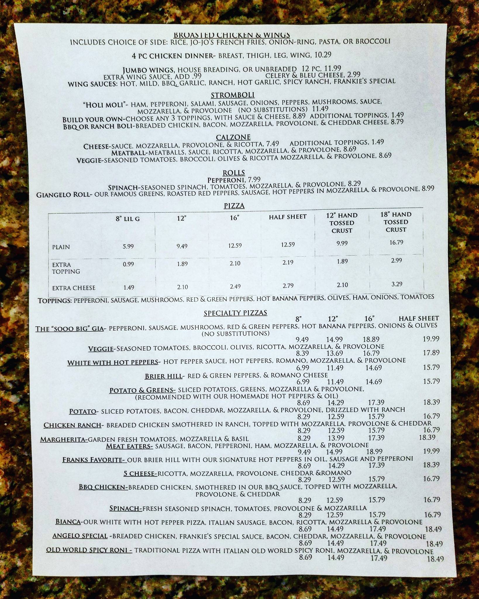Menu at Giangelo's Pizzeria Italian Restaurant & Bar, Youngstown