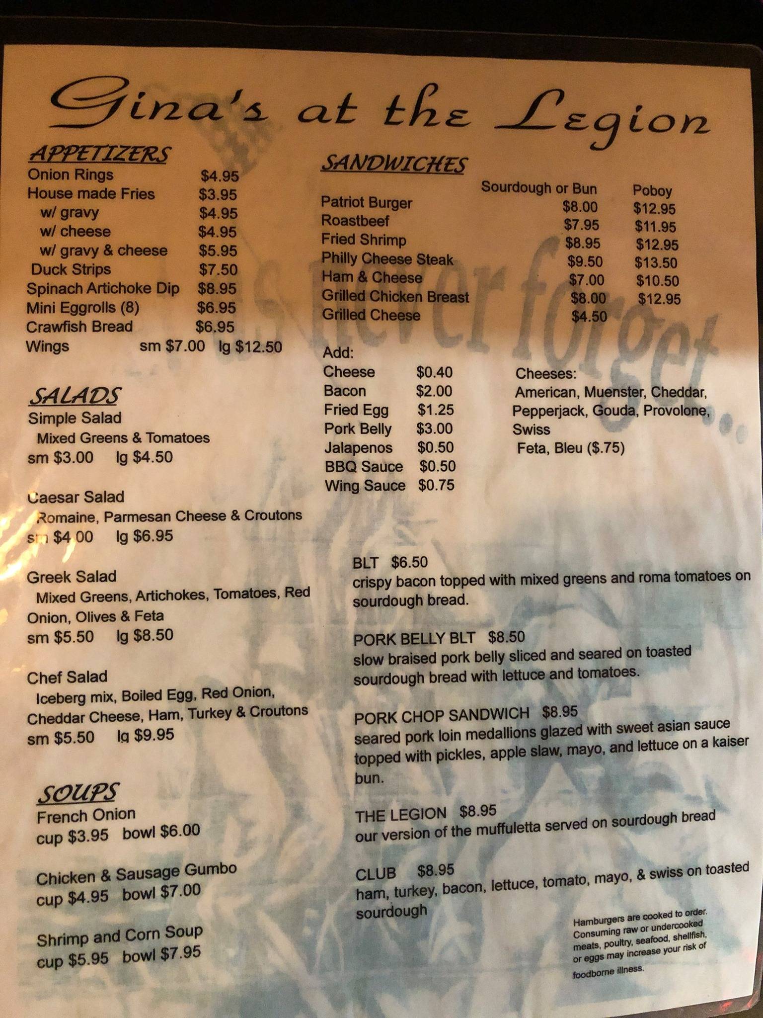 Menu at Gina's At the Legion restaurant, Thibodaux