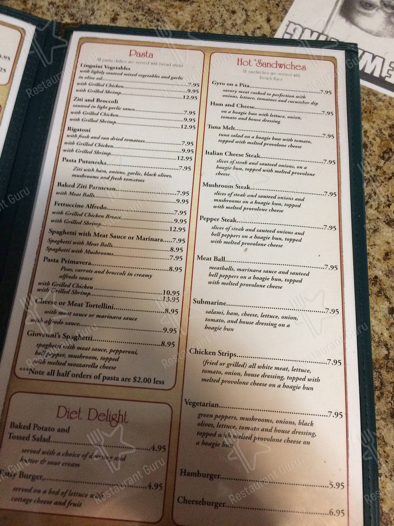 Menu at Giovanni's Pizza pizzeria, Albertville