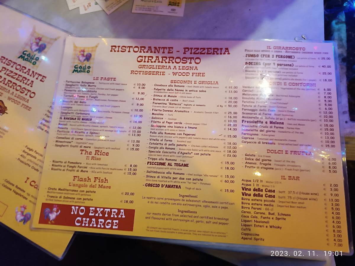Menu at Girarrosto Fiorentino restaurant, Rome, Via Sicilia
