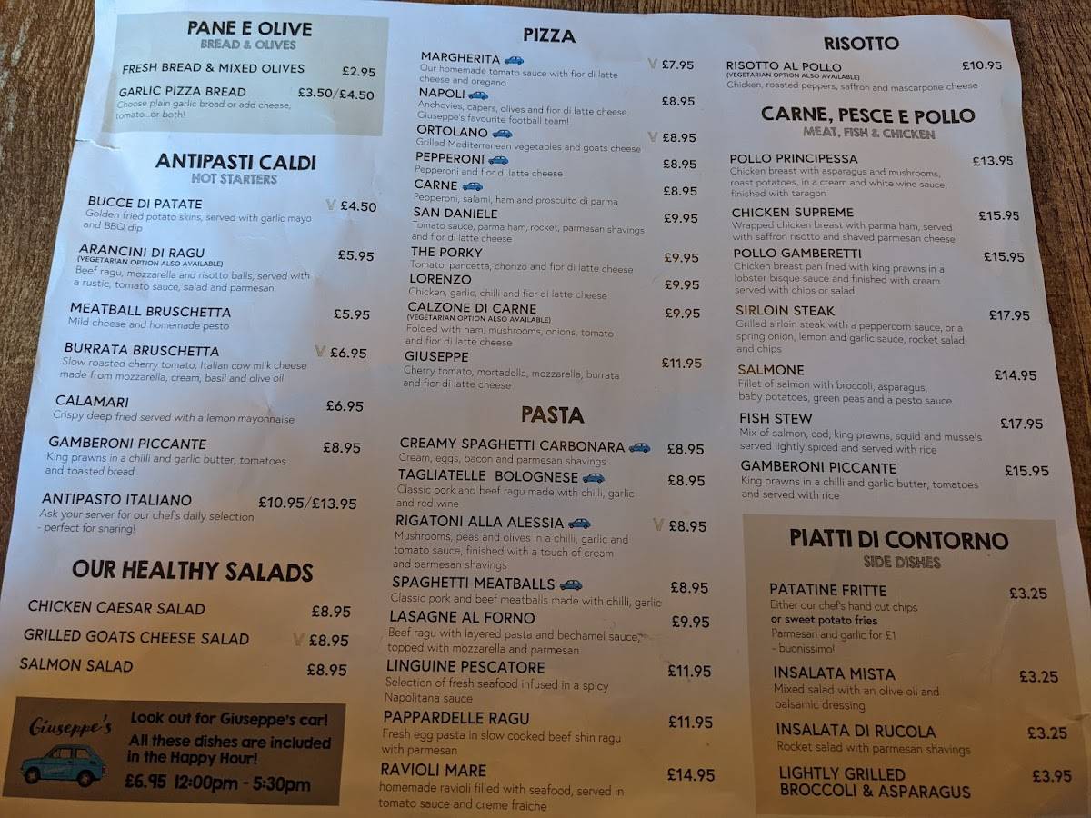 Menu at Giuseppe's Italian Bistro restaurant, Gateshead