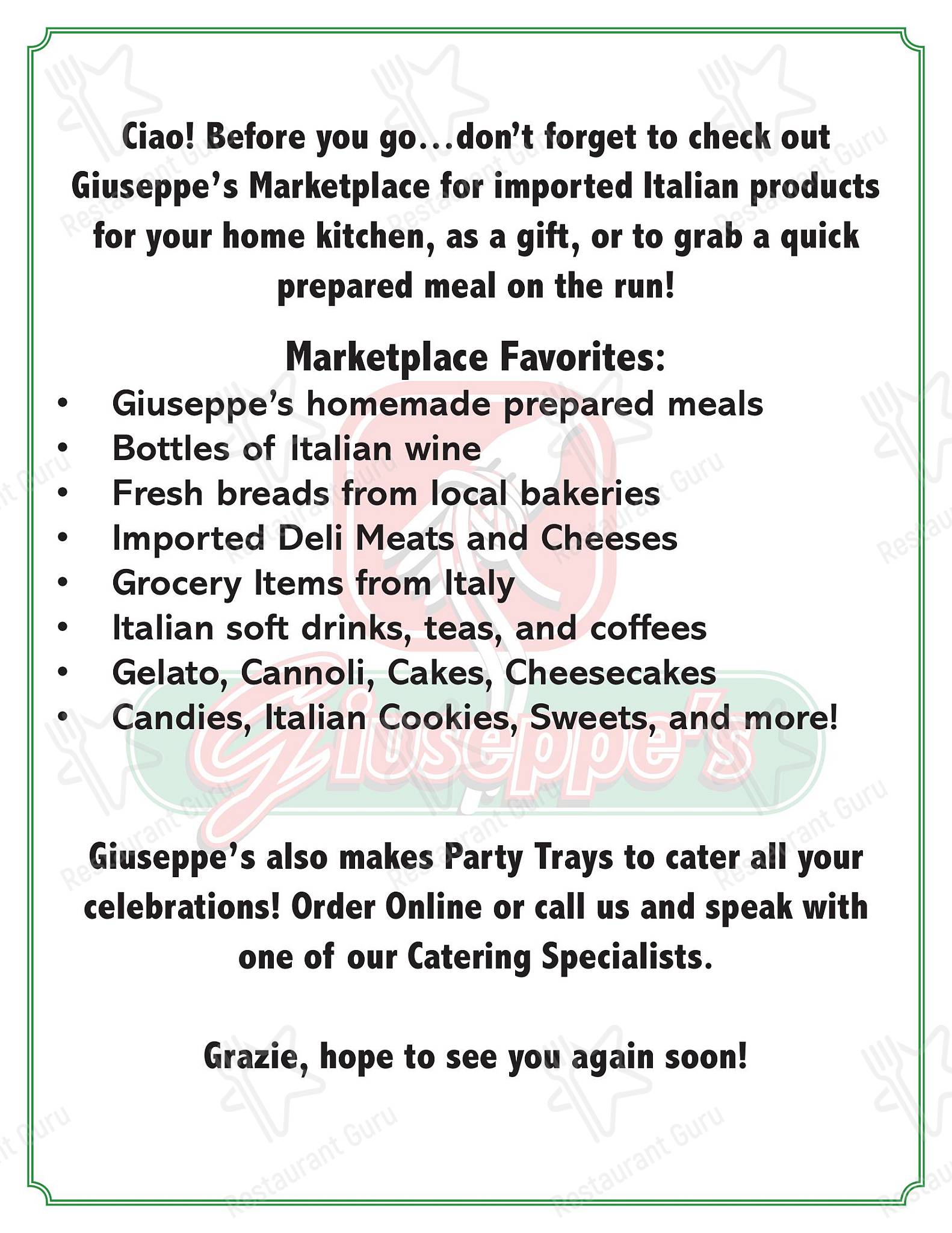 Menu at Giuseppe's restaurant, Newburyport
