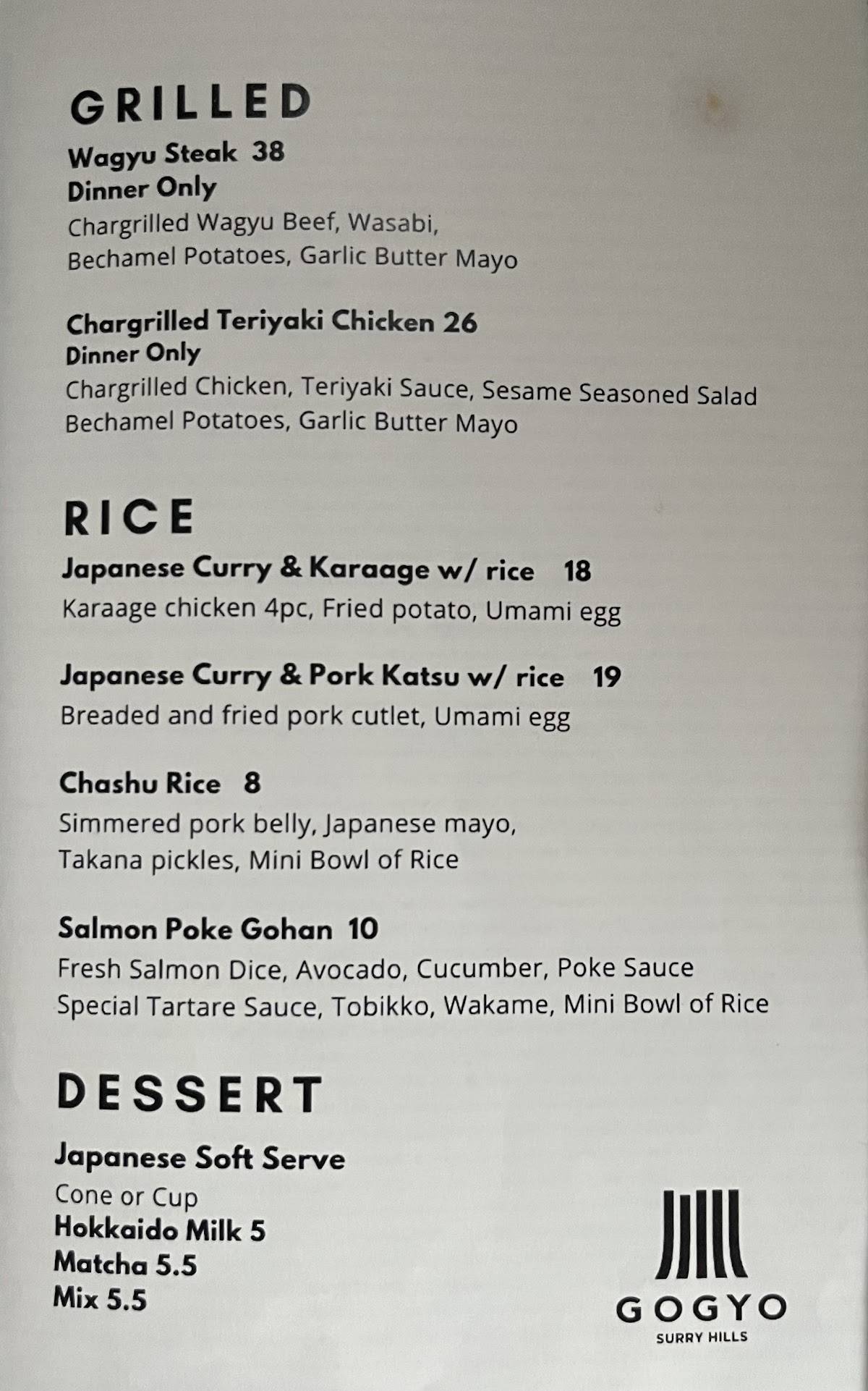 Menu at Gogyo Surry Hills restaurant, Sydney