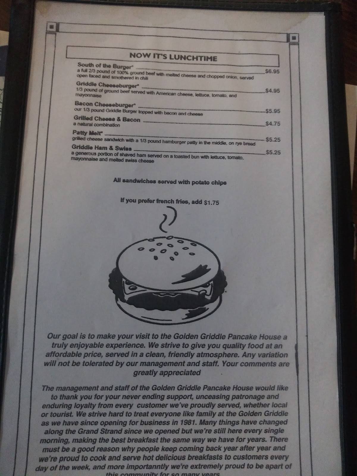 Menu at Golden Griddle Pancake House restaurant, North Myrtle Beach