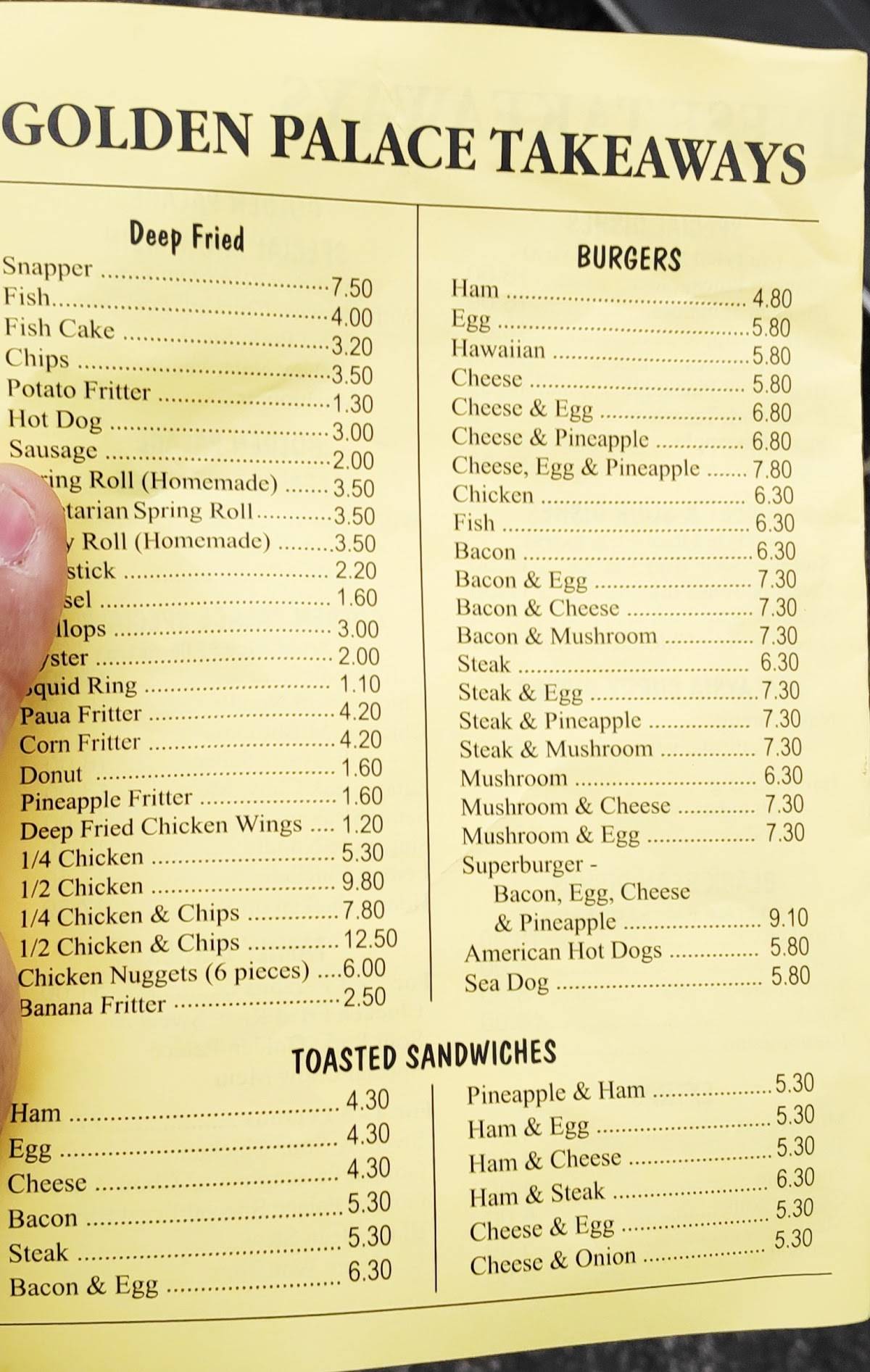 Menu at Golden Palace Takeaways fast food, Auckland