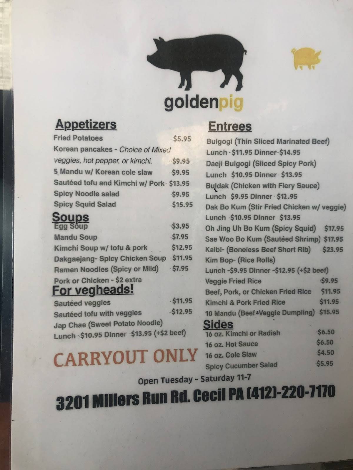 Menu at Golden Pig restaurant, Cecil-Bishop