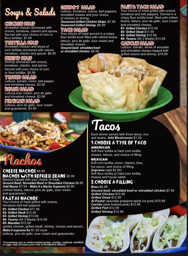 Menu at Gordo’s Mexican Restaurant, Mauston