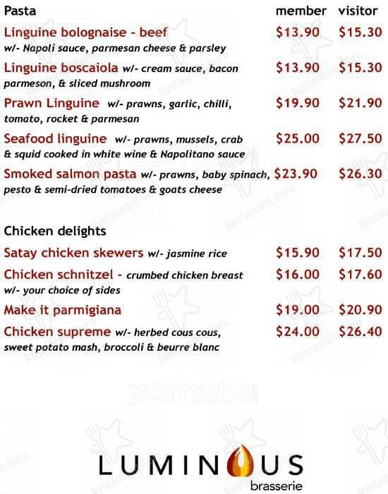 Menu at Gosford RSL Club, West Gosford