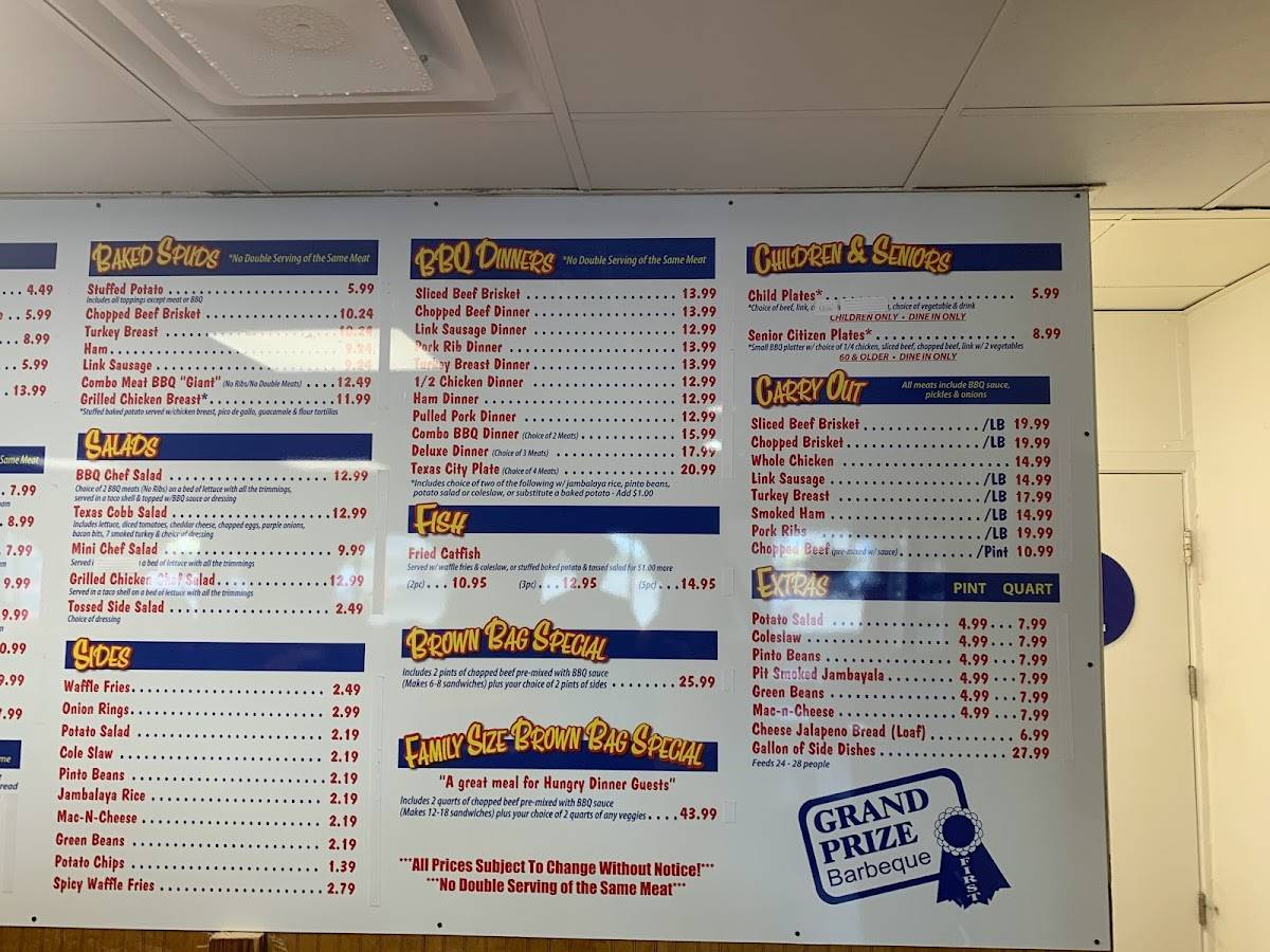Menu at Grand Prize Barbeque, Texas City, Palmer Hwy