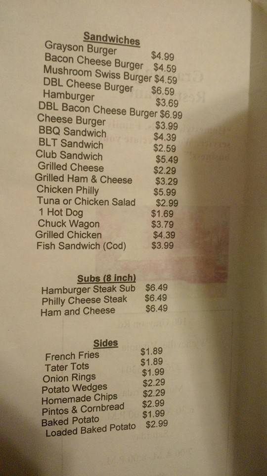 Menu at Grayson Restaurant, Wytheville