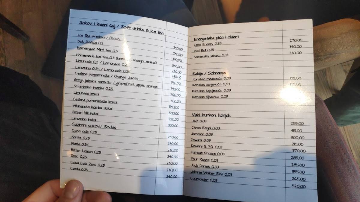 Menu at Green Mill cafe, Belgrade, Požeška 83A