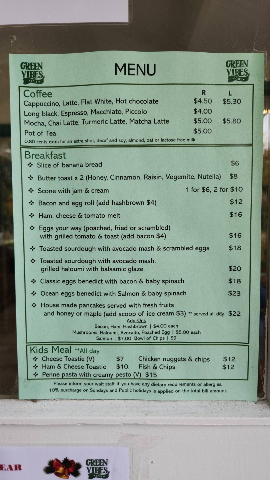 Menu at Green Vibes Cafe, Dural