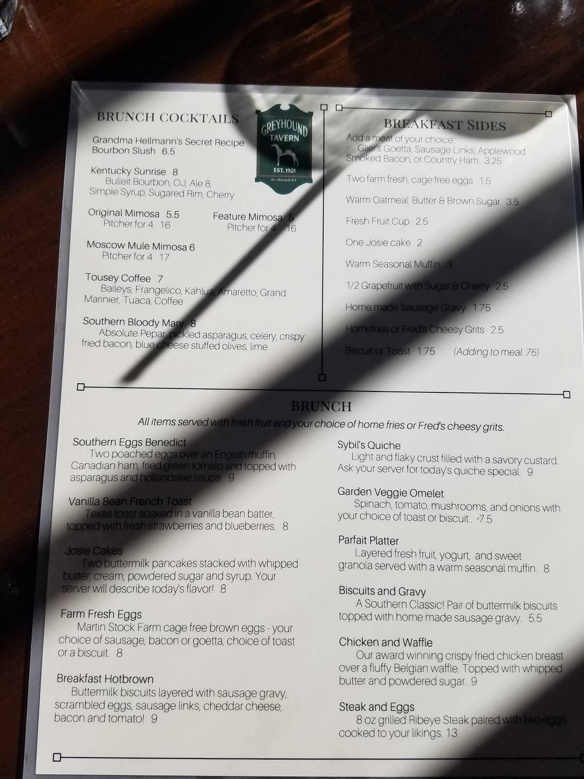 Menu at Greyhound Tavern pub & bar, Fort Mitchell