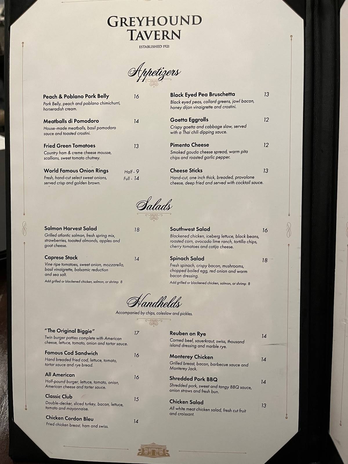 Menu at Greyhound Tavern pub & bar, Fort Mitchell