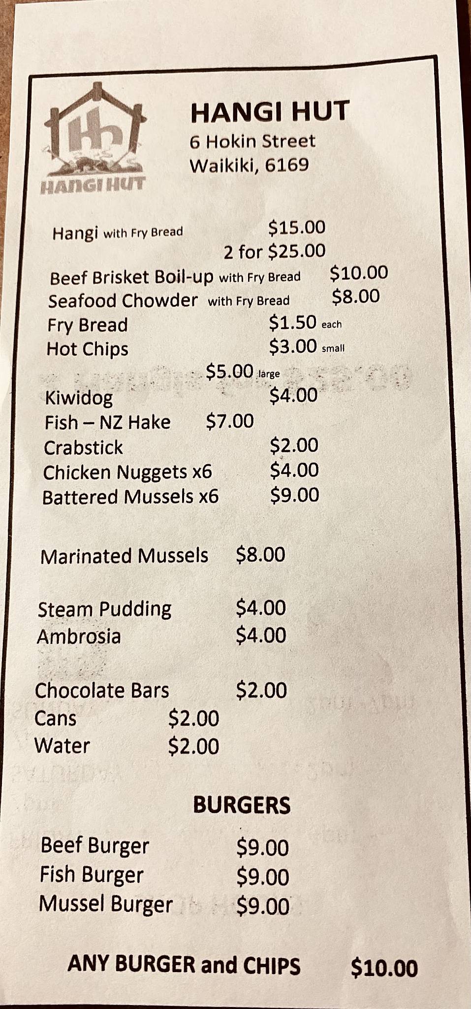 Menu at Hangi Hut restaurant, Waikiki