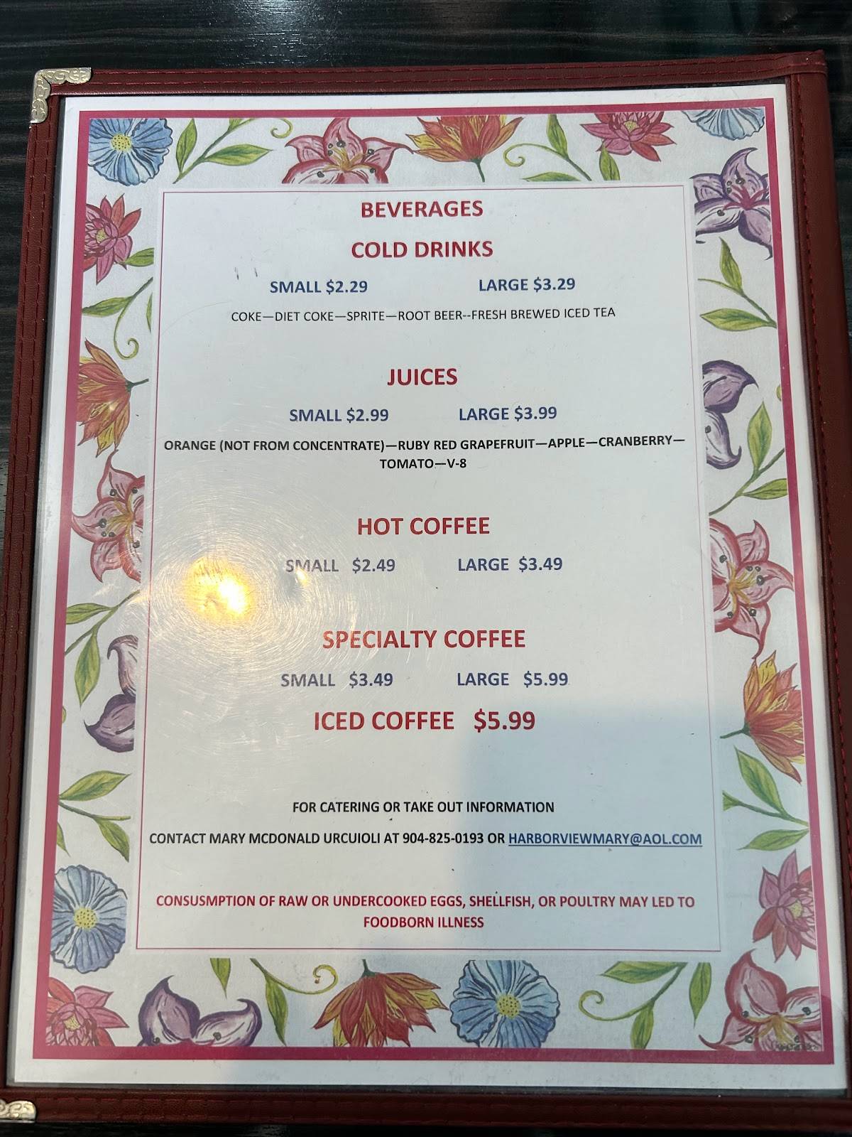 Menu at Harbor View Café cafe, St. Augustine