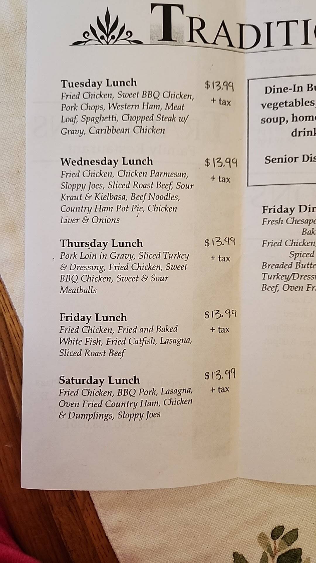 Menu at Traditions Family Restaurant, Harrisonburg