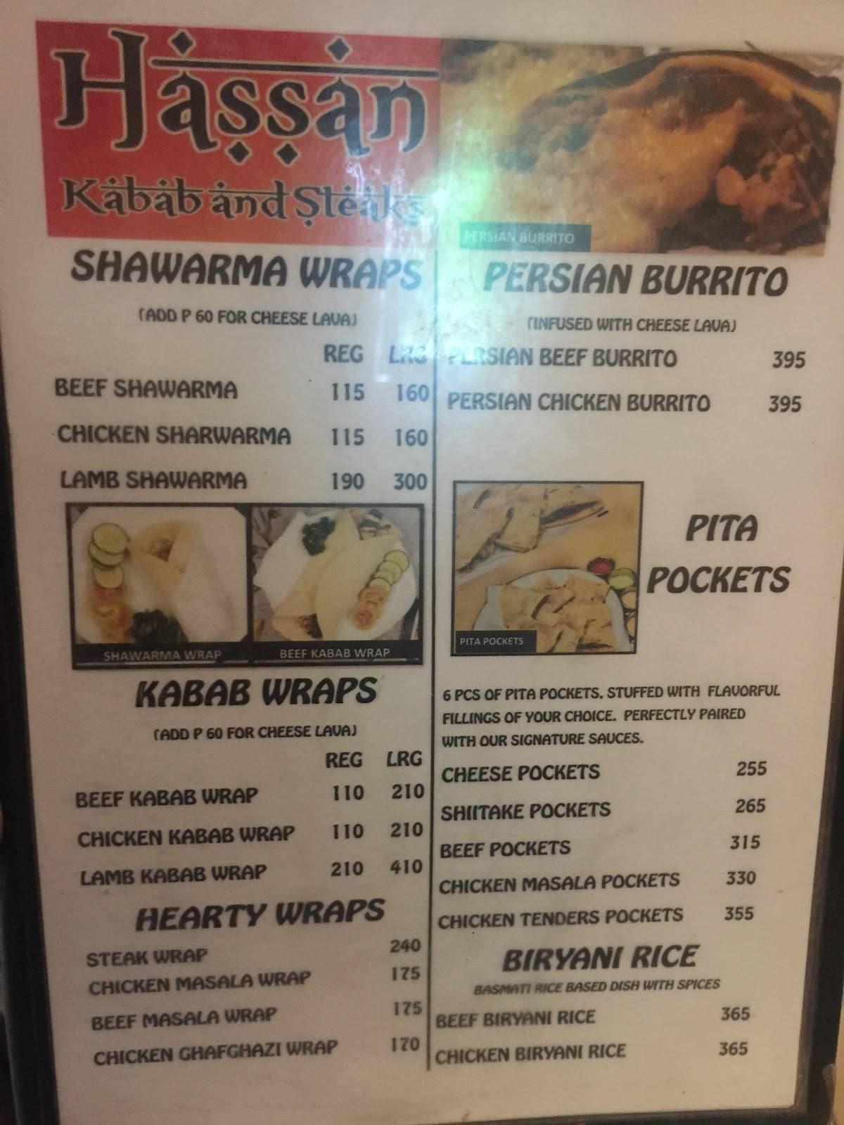Menu at Hassan Kabab and Steaks restaurant, Quezon City, 9 Visayas Ave