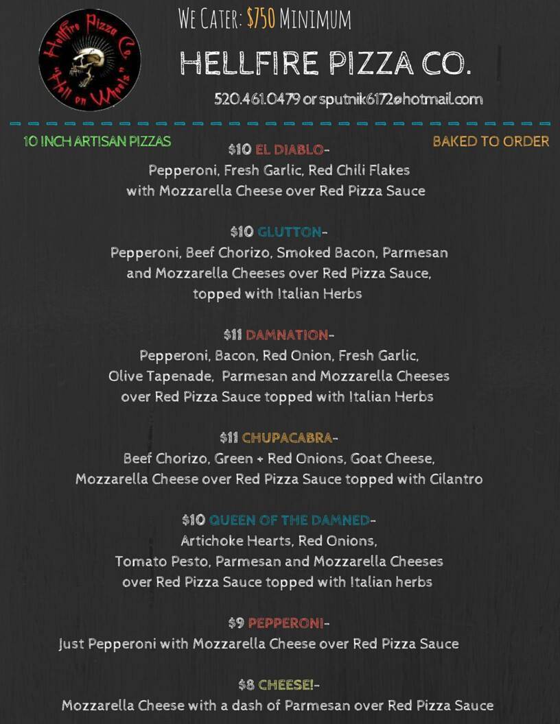 Menu at Hellfire Pizza Co. restaurant, Tucson