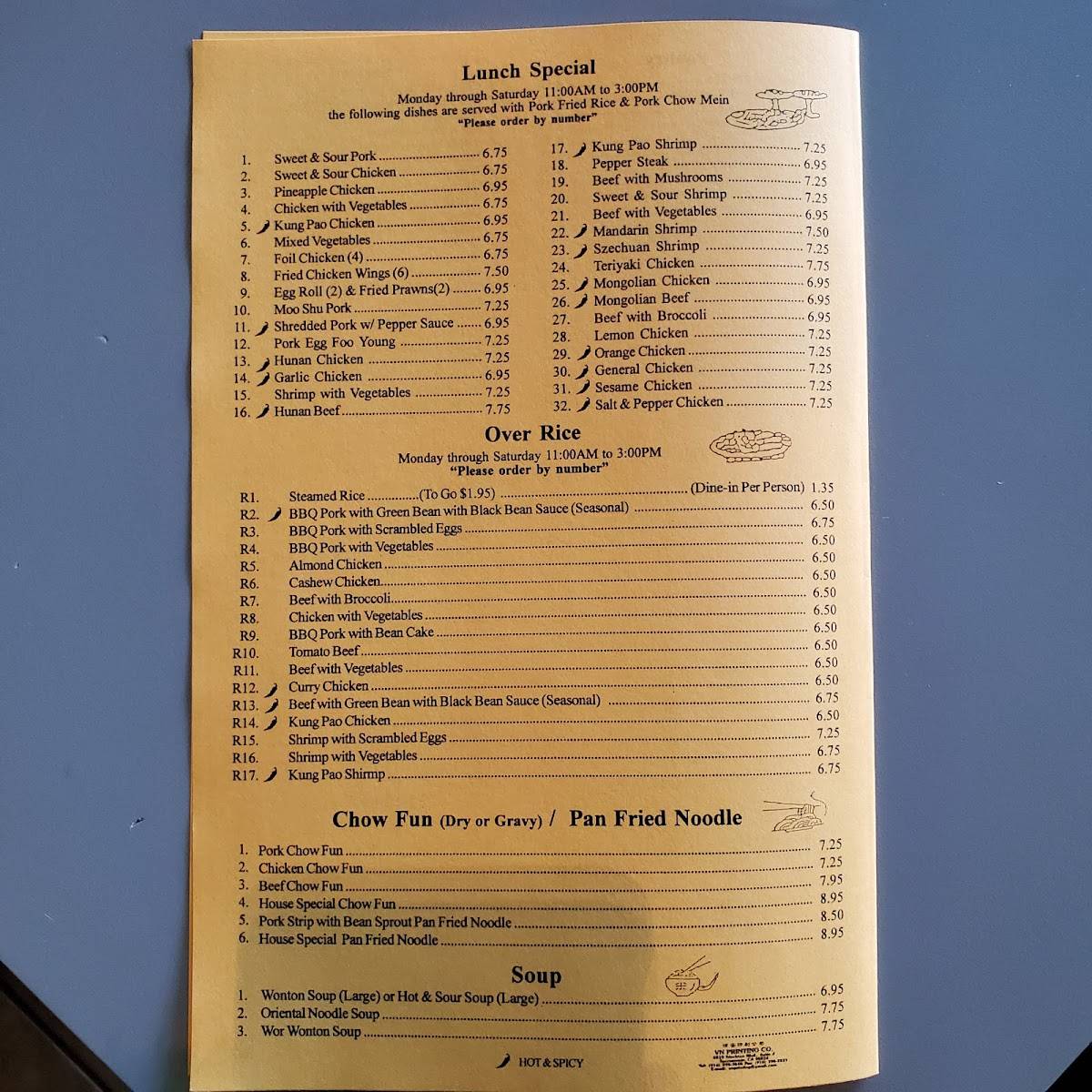 Menu at Heng Fat restaurant, Sacramento