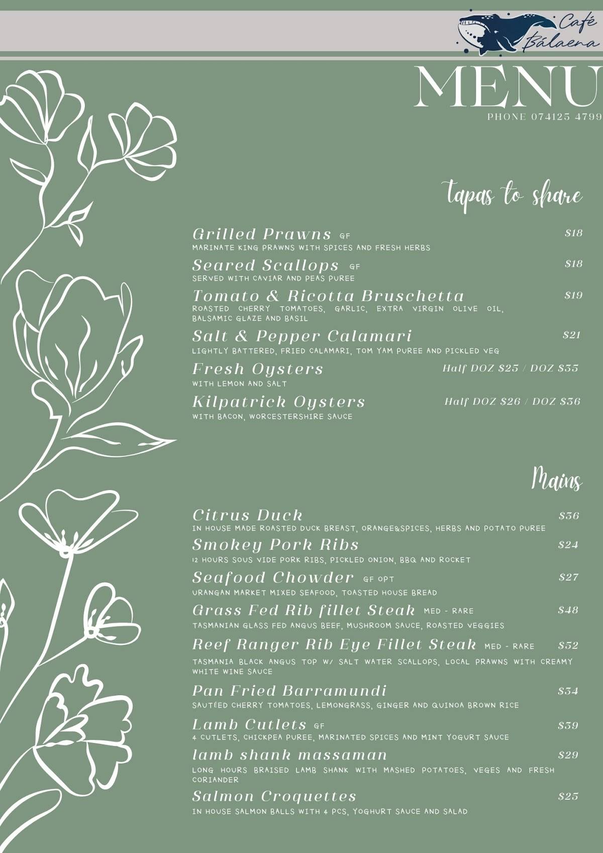 Menu at Cafe Balaena, Urangan