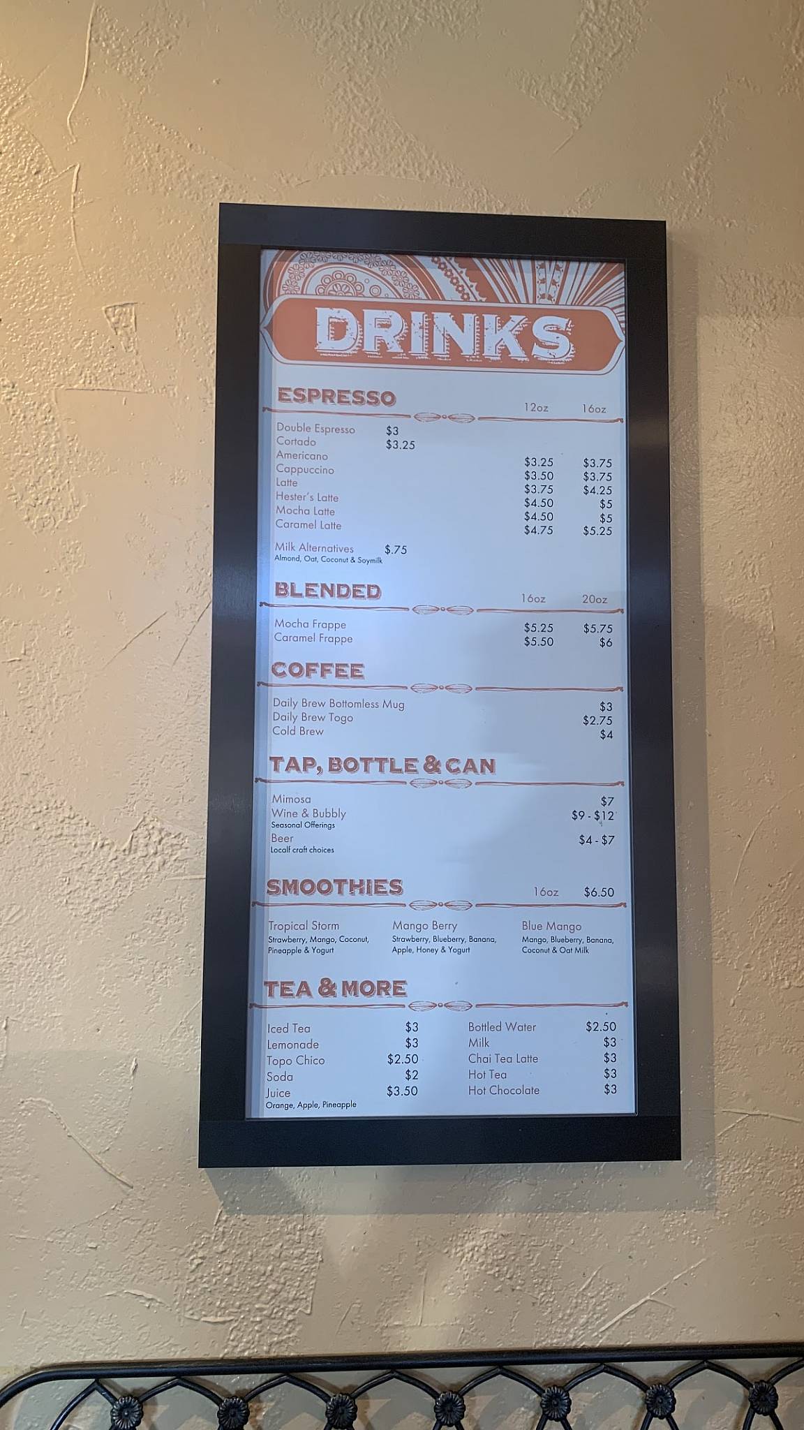 Menu at Hester's Cafe Six Points, Corpus Christi, S Alameda St